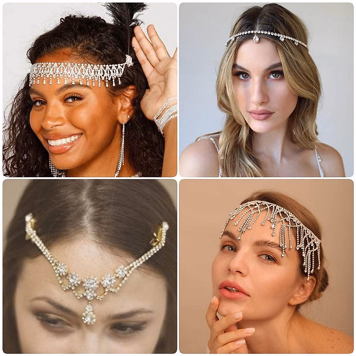 Fdesigner Wedding Head Chain Rhinestone Vintage Bride Headpieces Tassel Boho Hair Jewelry Bridal Headband Women Hair Accessories for Party Festival (Silver-Boho)