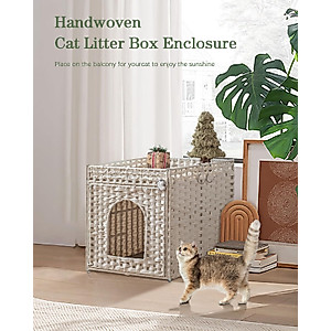 SETVSON Cat Litter Box Enclosure Cat Litter Box Furniture Hidden with Cat Litter Mat, Cat Litter Box Furniture with Two S-Shaped Hooks, Handwoven Rattan Cat House for Living Room, Bedroom, (White