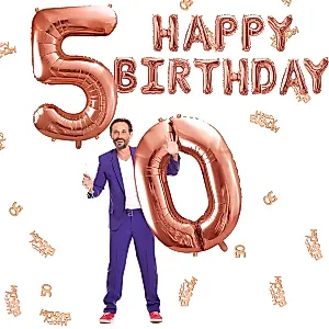 MOVINPE 50th Rose Gold Birthday Party Decoration, Happy Birthday Banner, Jumbo Number 50 Foil Balloon, 2 Rose Gold Fringe Curtain, Latex Confetti Balloon, Table Confetti for Girl Women Anniversary