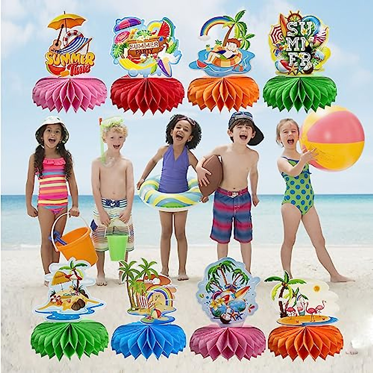 Uyoulis Set of 8 Premium 3D Double-Sided Paper Honeycomb Centerpiece Decorations for Summer Pool Hawaiian Beach Parties - Desktop Decor, Birthday Photo Props, and Holiday Party Supplies