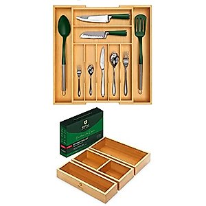 ROYAL CRAFT WOOD Expandable Luxury Bamboo Kitchen Drawer Organizer - Silverware Organizer with Storage Box Set of 3