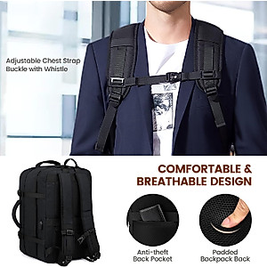 LOVEVOOK Carry on Backpack, Expandable 30-40L Travel Backpack Airline Approved, Waterproof Anti-Theft Backpack for Travel,17 Inch Laptop Backpack with USB Port for Men & Women, Black