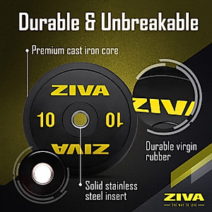 ZIVA Rubber Bumper Weight Plate - One Piece 10 lbs. Strength Training Plate - Fits 2” Olympic Bars - Precision-Calibrated Iron Weight, Ultra Durable Premium Virgin Rubber Coating - Low Bounce (10)