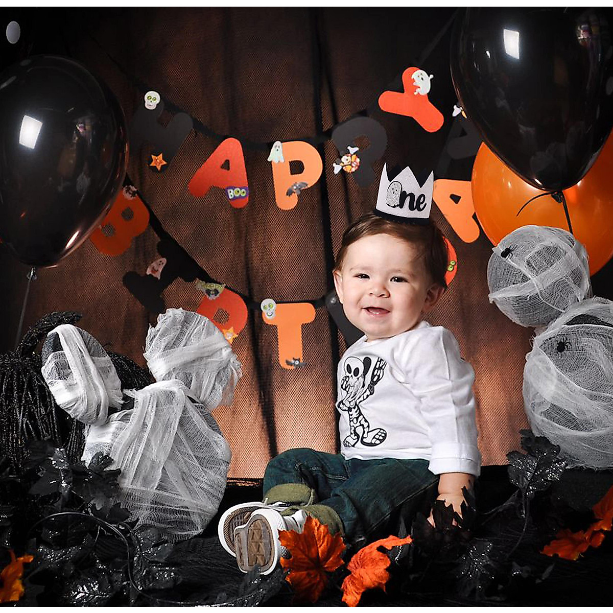 ZZDCMS Halloween First Birthday Decorations - Baby Shower Headband, Hat, Ghost Crown, Photo Booth Props and Cake Smash Backdrop