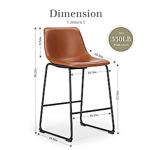 DUMOS 26 Inch Counter Height Bar Stools Set of 2, Modern Faux Leather High Barstools with Back and Metal Leg, Bar Chairs for Kitchen lsland, Brown