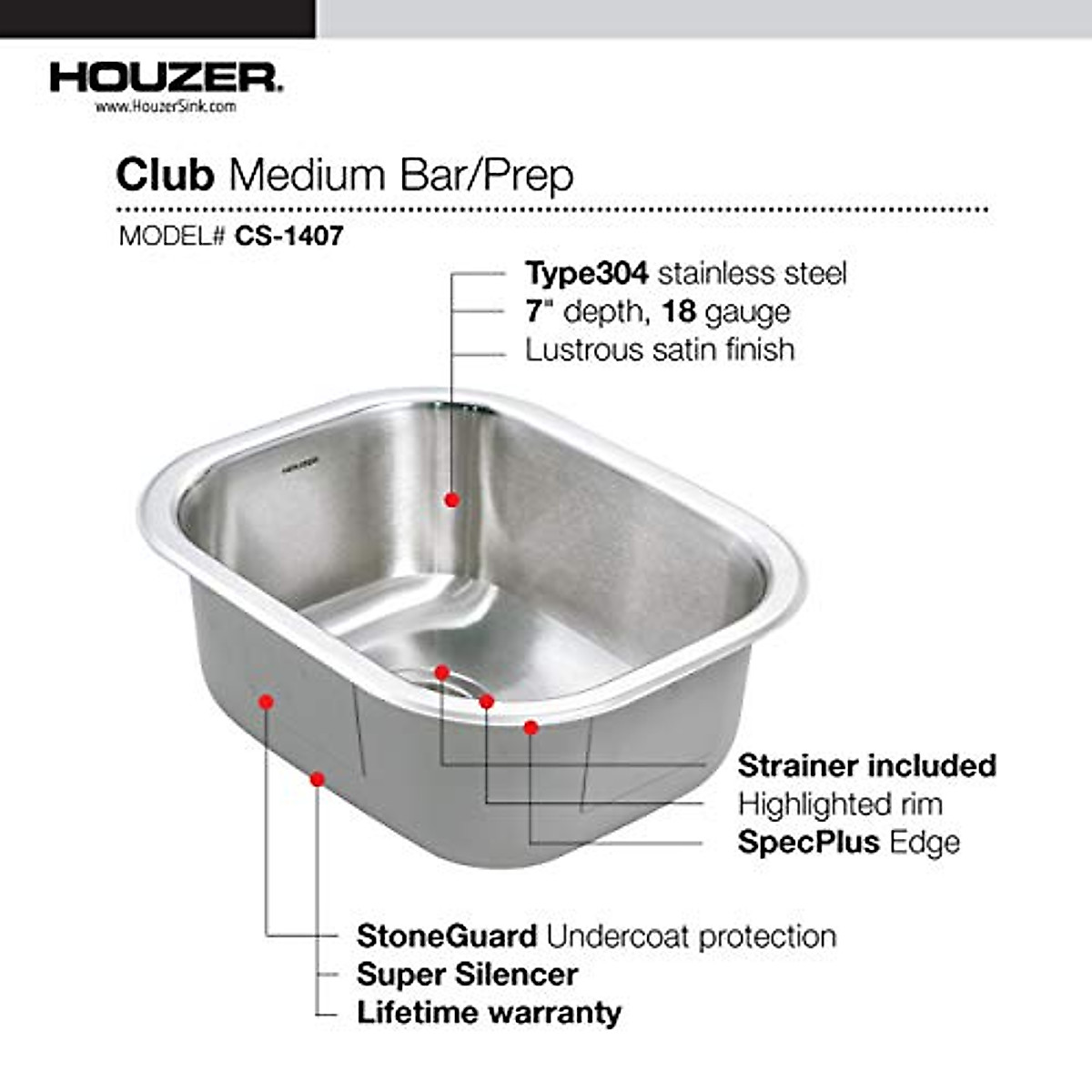 Houzer CS-1407-1 Club Series Undermount Medium Bowl Bar/Prep Sink