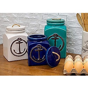 Drew Derose Square Ocean Blue Nautical Anchor 8 x 6.5 Ceramic Decorative Tabletop Canister Set 3