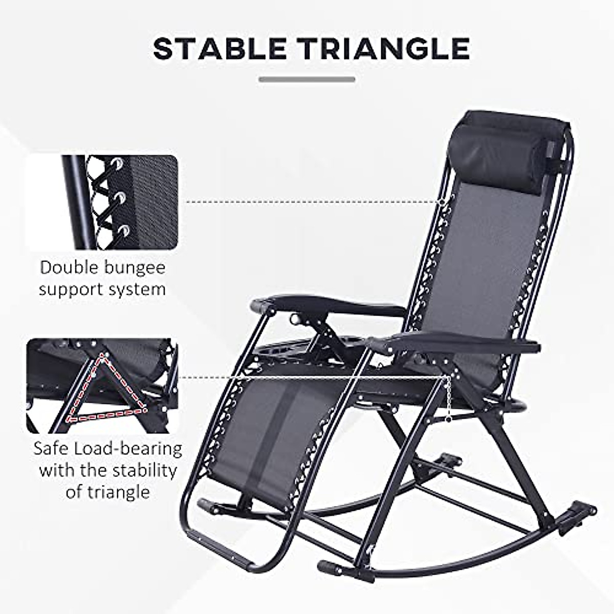 Outsunny Outdoor Rocking Chairs, Foldable Reclining Zero Gravity Lounge Rocker w/Pillow, Cup & Phone Holder, Combo Design w/Folding Legs, Black