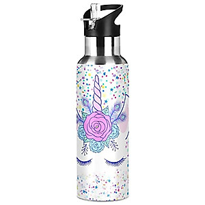 Star Flowers Unicorn Water Bottle with Straw Lid Double Wall Thermos Bottle Vacuum Insulated Flask Stainless Steel Water Bottle for Gym Outdoor 20 OZ