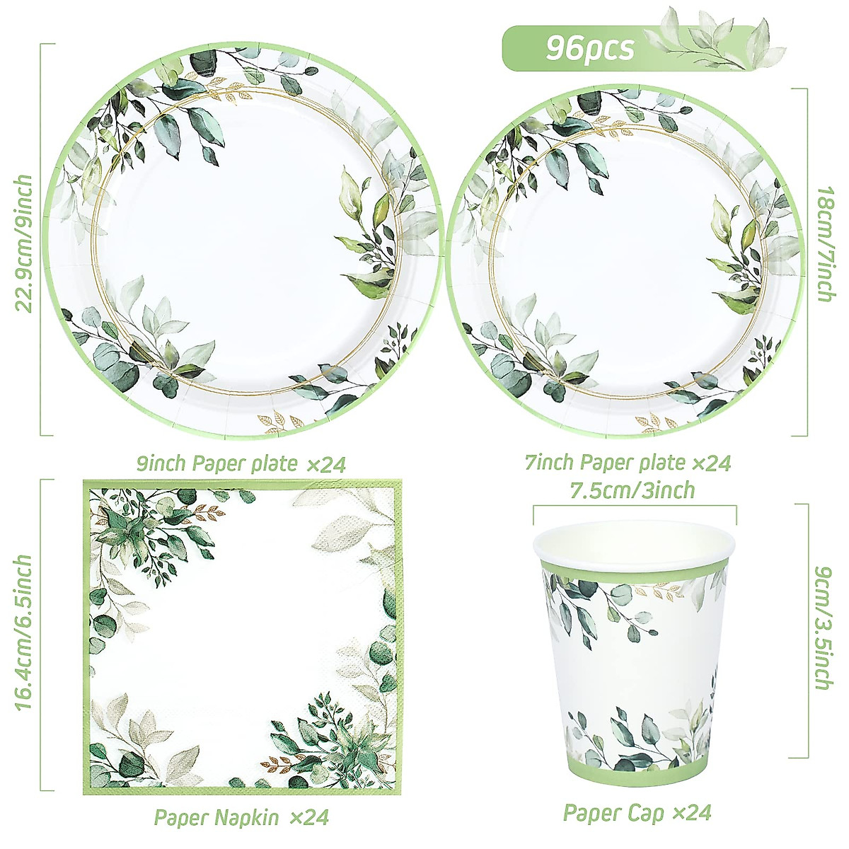 Green Party Plates Supplies, Sage Green Paper Plates and Napkins, Disposable Tableware Plates, Cups, Napkins for Jungle Safari Boho Party Plates,Baby Shower, Bridal Shower, Birthday Supplies Serve 24