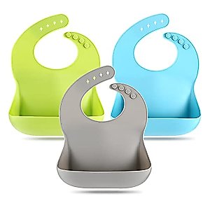 Eascrozn Silicone Bibs for Babies & Toddlers Set of 3, Silicone Baby Bibs for Boy and Girl, Adjustable Soft Waterproof Bibs