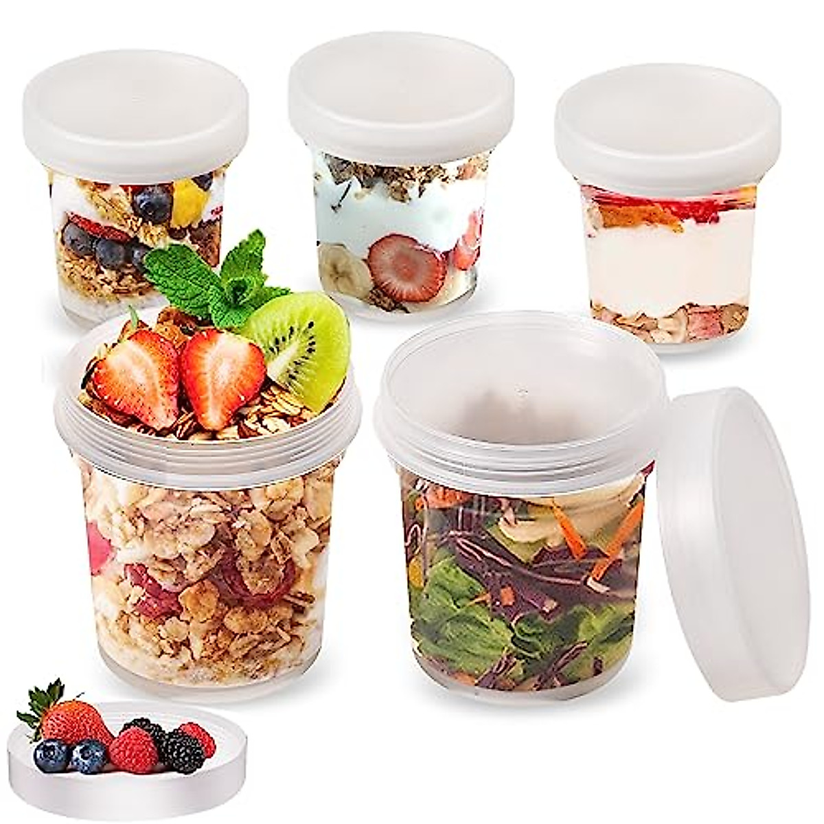 WBKTOOL Overnight Oats Containers with Lids - 5 Pack 16 oz Deli Food Storage Containers - Small To Go Plastic Yogurt Container for Soup, Salad, Freezer