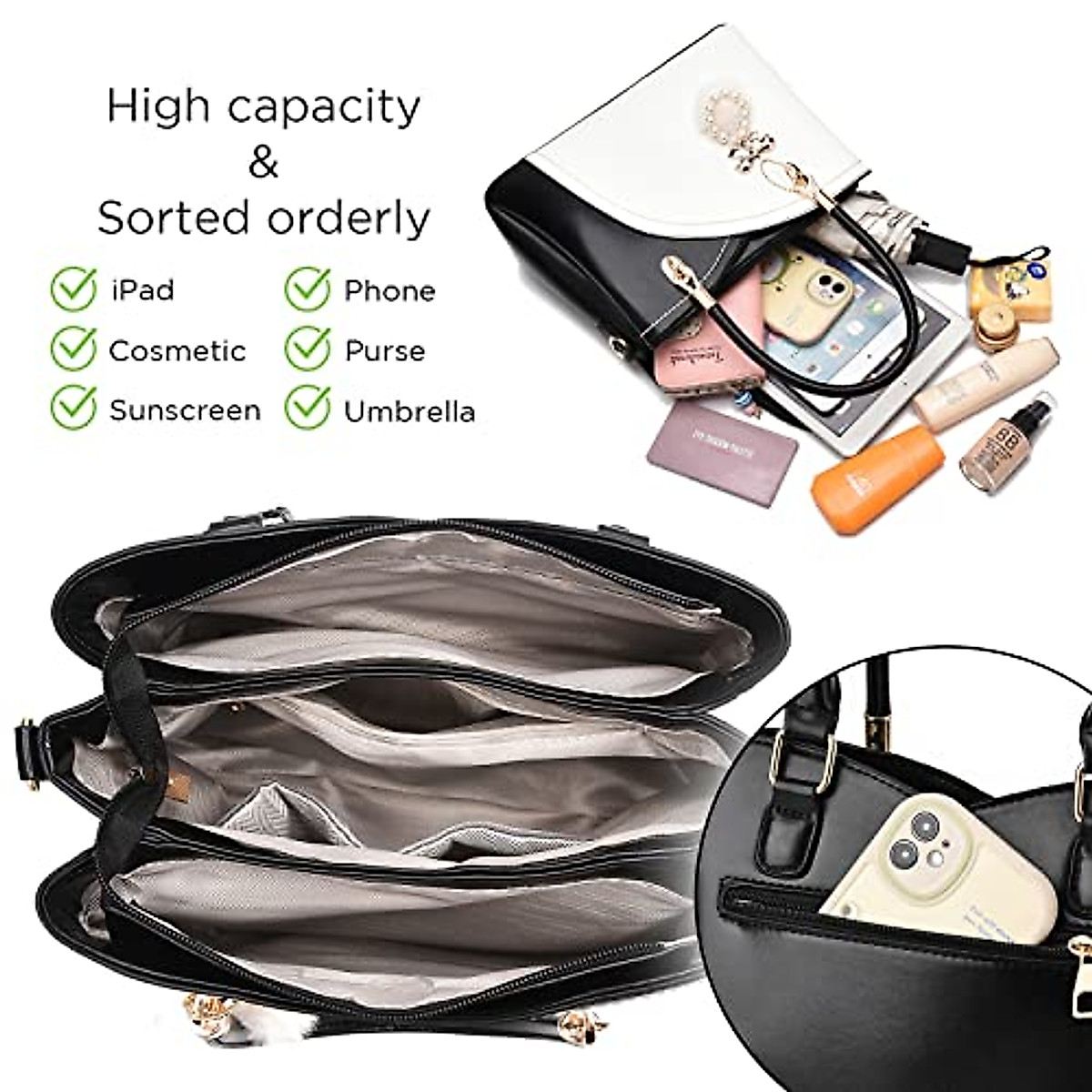 I IHAYNER Womens Leather Handbags Purses for Girls Top-handle Large Totes Satchel Shoulder Bag for Ladies with Pompom Khaki