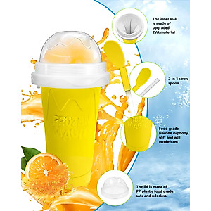 Slushy Maker Cup, DIY Magic Slushy Maker Squeeze Cup, Portable Smoothie Squeeze Cup for Juices, Milk and Ice Cream Make, Double Layers Silica Cup with Lid & Straw for Kids, Friends, Family (Yellow)1