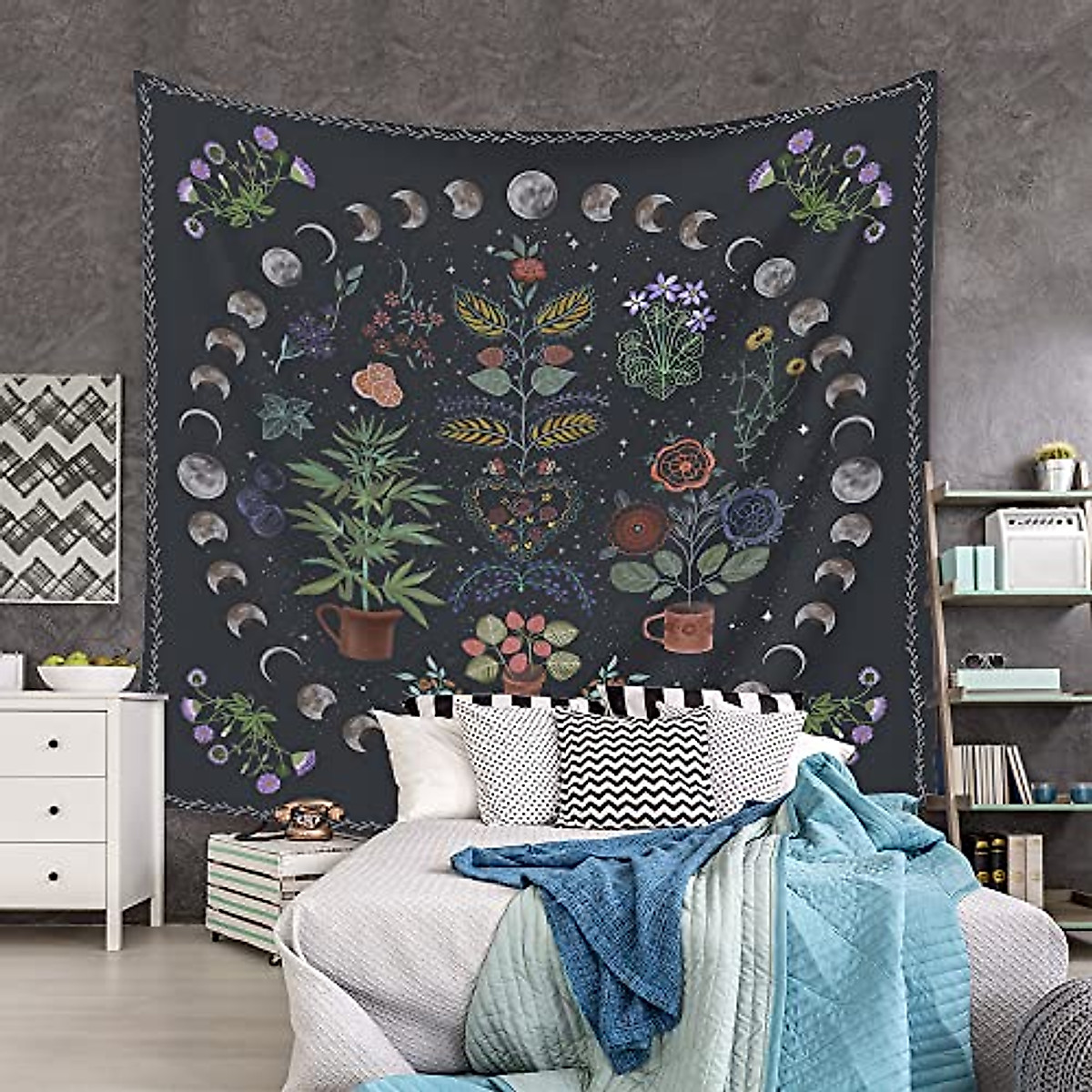 PATCHWORK Botanical Moon Phase Tapestry, Moonlit Garden Wall Hanging Nature Floral Plant Tapestries Mysterious Tapestry Gift Art Home Bedroom Decor Living Room (51.2 inch x 59.1 )