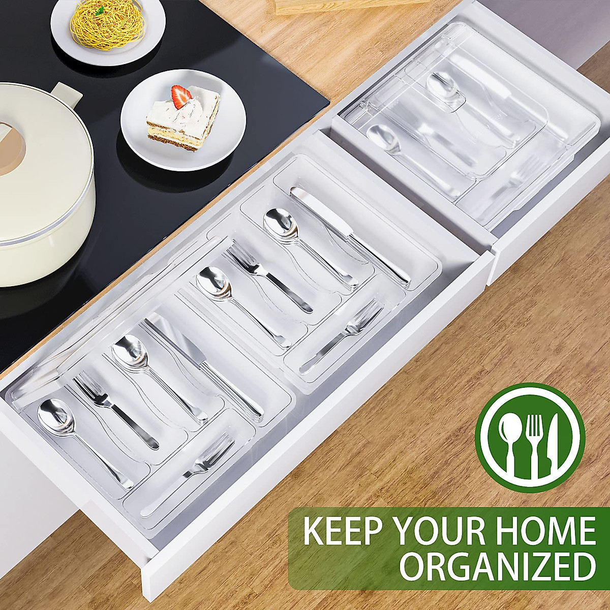 CDWMJ Silverware Organizer for Drawer & Countertop with Lid, Plastic Flatware Cutlery Tray with 5 Compartments, Dustproof Portable Kitchen Utensil Holder