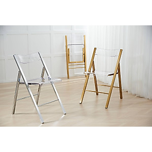 LeisureMod Transparent Acrylic Folding Chair, Lightweight Iron Chrome Base Comfortable Clear Desk Chair, No Assembly Needed (Set of 2) in Brushed Gold