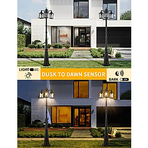 CMRCOZIRA Dusk to Dawn Sensor Post Light Triple-Head Lamp Post Waterproof Street Light Outdoor Lamp Post Lights with Clear Glass Aluminum Post Street Lamp Modern Outdoor Street Light for Garden