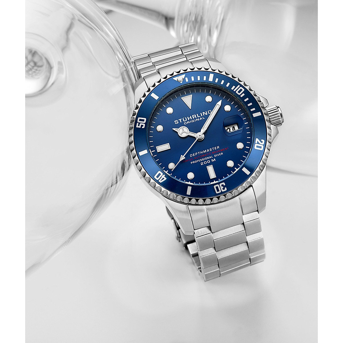 Mens Automatic Stainless Steel Professional DEPTHMASTER Dive Watch, 200 Meters Water Resistant, Brushed and Beveled Bracelet with Divers Safety Clasp and Screw Down Crown (Blue)