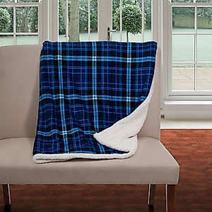 Lavish Home (Blue Reversible Plaid Fleece 50 x 60-Inch Machine-Washable Sherpa Throw – Cozy Blanket for Couch, Chair, or Bed, 50" x 60"