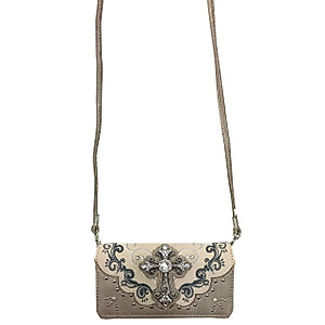 Zelris Western Silver Cross Turquoise Women Crossbody Wrist Trifold Wallet (Beige)