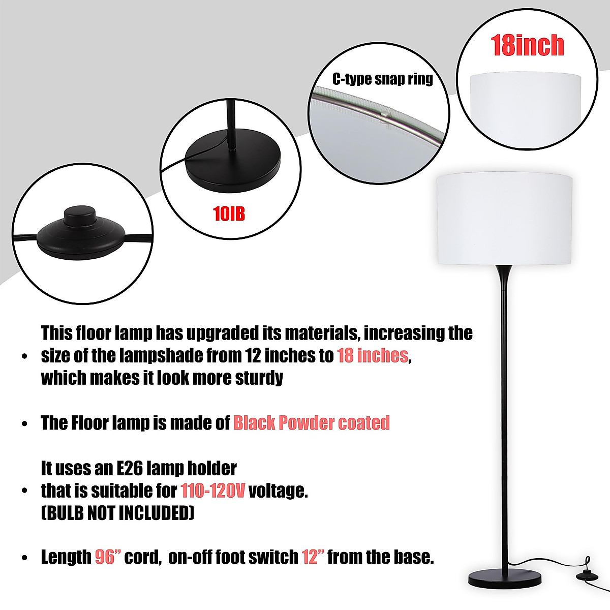 Floor Lamp Living Room 18 Inch Large Size Lampshade Modern Floor Lamp,Foot Switch Floor Lamp Easy to Assemble Standing Lamp, Suitable for Bedrooms, Study Rooms, Offices, Children's Rooms