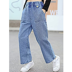 LittleXin Kids Girls' Casual Wide Leg Denim Pants Elastic Waist Jeans Age 4-14 Years(BE,8-9 Years)