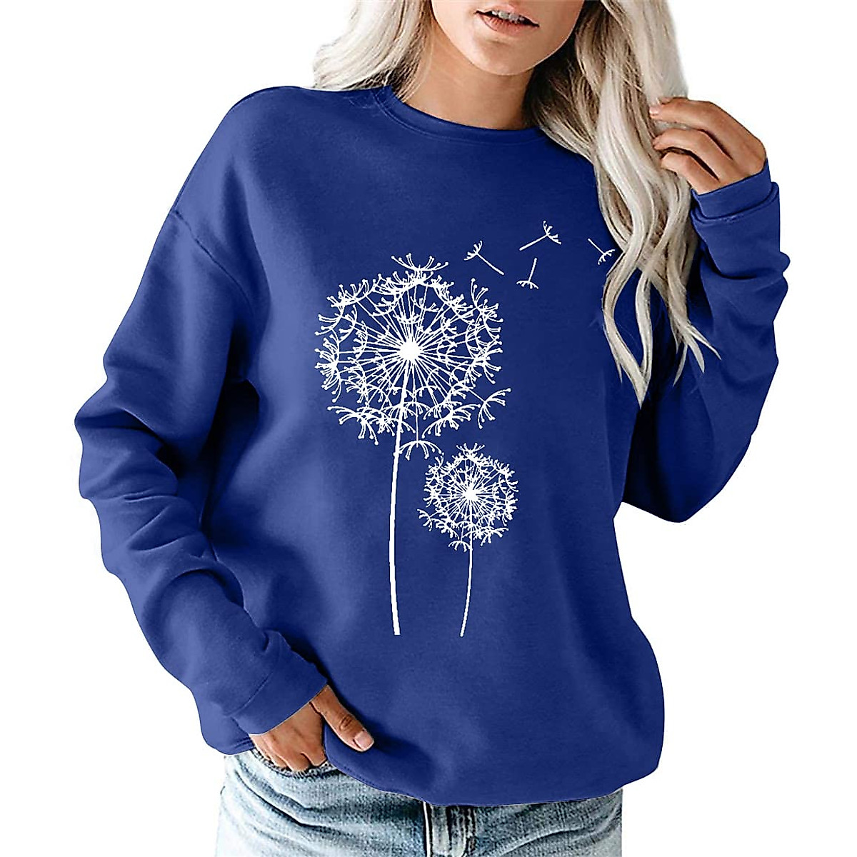 BANGELY Womens Dandelion Sweatshirt Casual Crewneck Loose Pullover Tops Long Sleeve Graphic Tee Shirt Blue