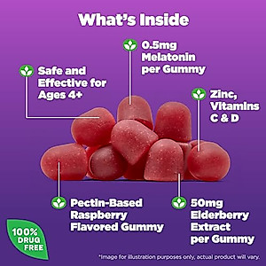 Natrol Kids Sleep+ Immune Health Gummies with Melatonin, Zinc, Vitamin C and D, Elderberry, 50 Raspberry Flavored Melatonin and Immune Health Gummies, 50 Day Supply
