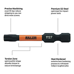 TORX T27 Tamer Proof Bits - Railer T27 TORX Security 2 Inch Bits. 1/4 Inch Hex Shank S2 Steel Tamper Resistant Star Bits (4 Pack)