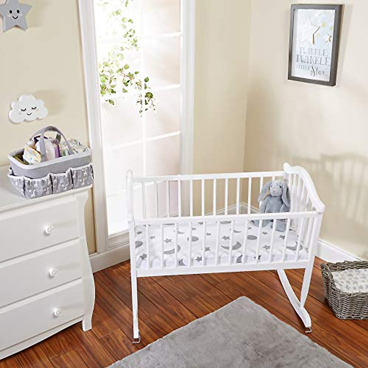 2 Pack Cradle Sheet Set, 100% Cotton Jersey Knit, Breathable Baby Sheet, Fits Cradle Pad/Mattress - Ultra Soft - Gray/White Chevron & Moon Stars Patterns