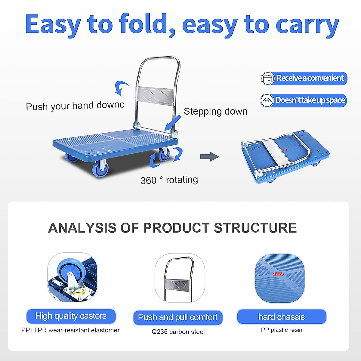 Heavy Duty Platform Hand Truck for Moving, Folding Flatbed Dolly with 360 Degree Swivel Wheels Foldable Push Hand Cart for Loading and Storage (L)