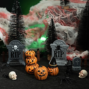 W1cwey Halloween Village Scene Ornaments Accessories, Set of Pumpkin, Tombstones, Skeletons, Spiders, Black Cat, Pine Trees, Resin Miniature Garden Scene Decor for Halloween Party