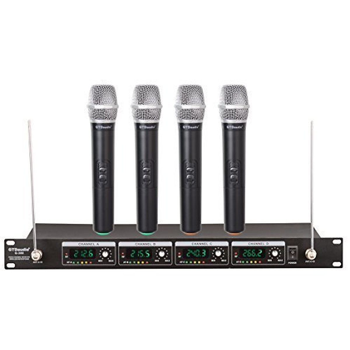 GTD Audio Wireless Microphone System with 4 Hand held mics, Long Distance up to 300 feet, Fixed Frequency, 380H
