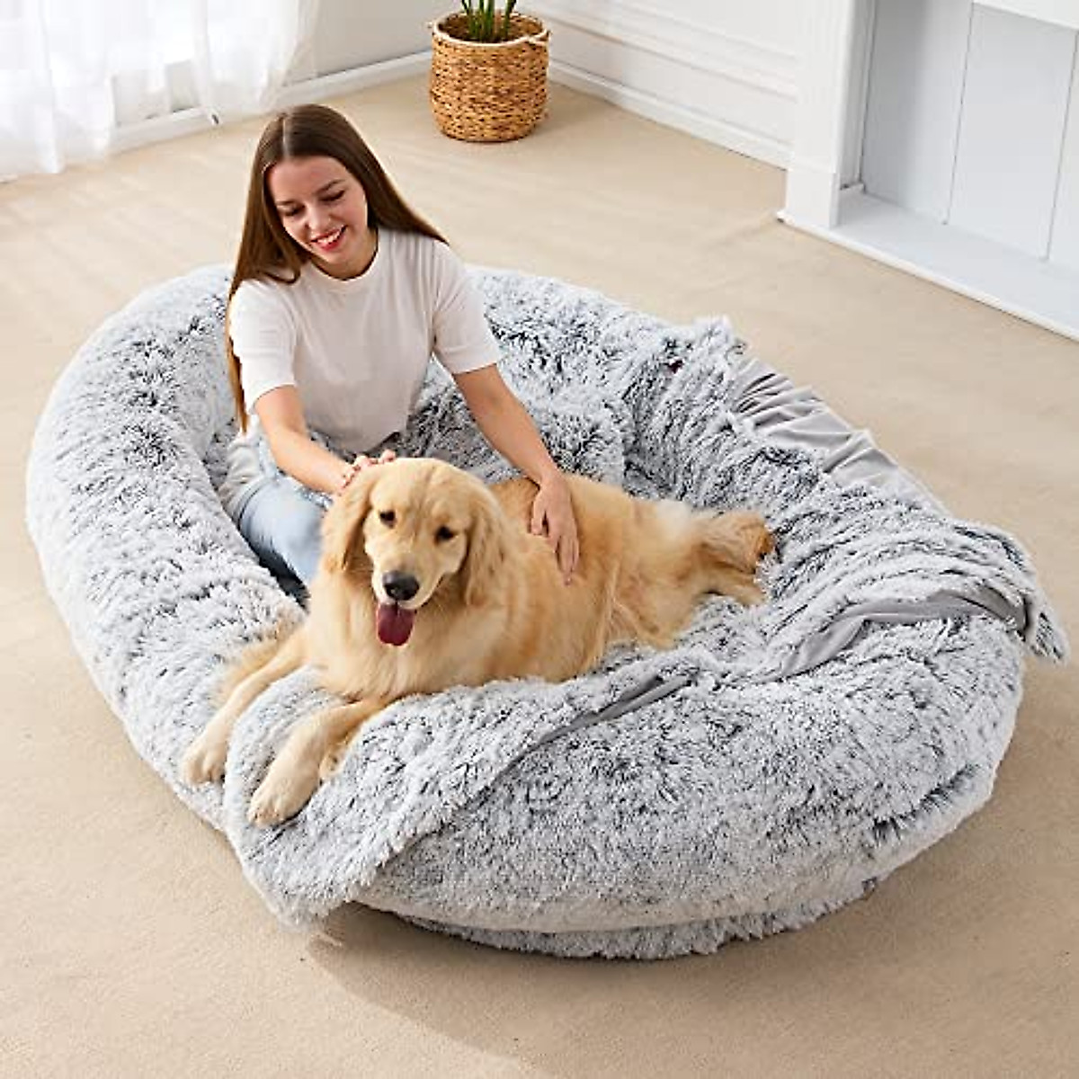 Homguava Large Human Dog Bed 75.5"x55"x12" Human-Sized Big Dog Bed for Adults&Pets Giant Beanbag Bed with Washable Fur Cover,Blanket and Strap, Grey Plush