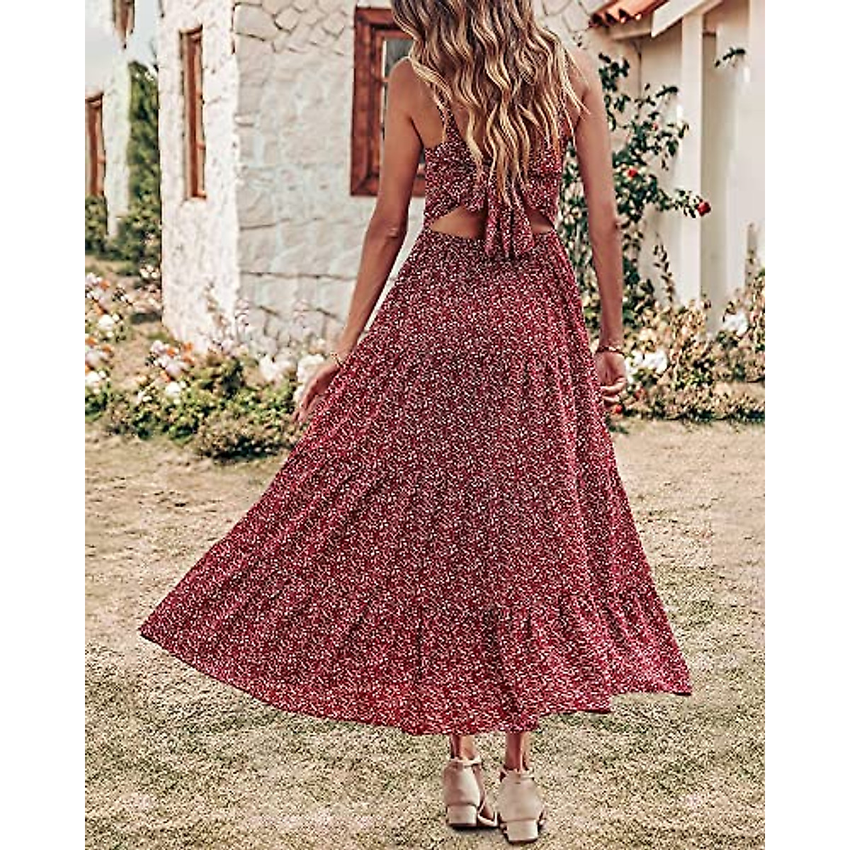 BTFBM Women Sleeveless V Neck Summer Maxi Dresses 2023 Print Backless Strap Tie Back Beach Party Pleated Long Boho Dress(Floral Wine Red, Large)