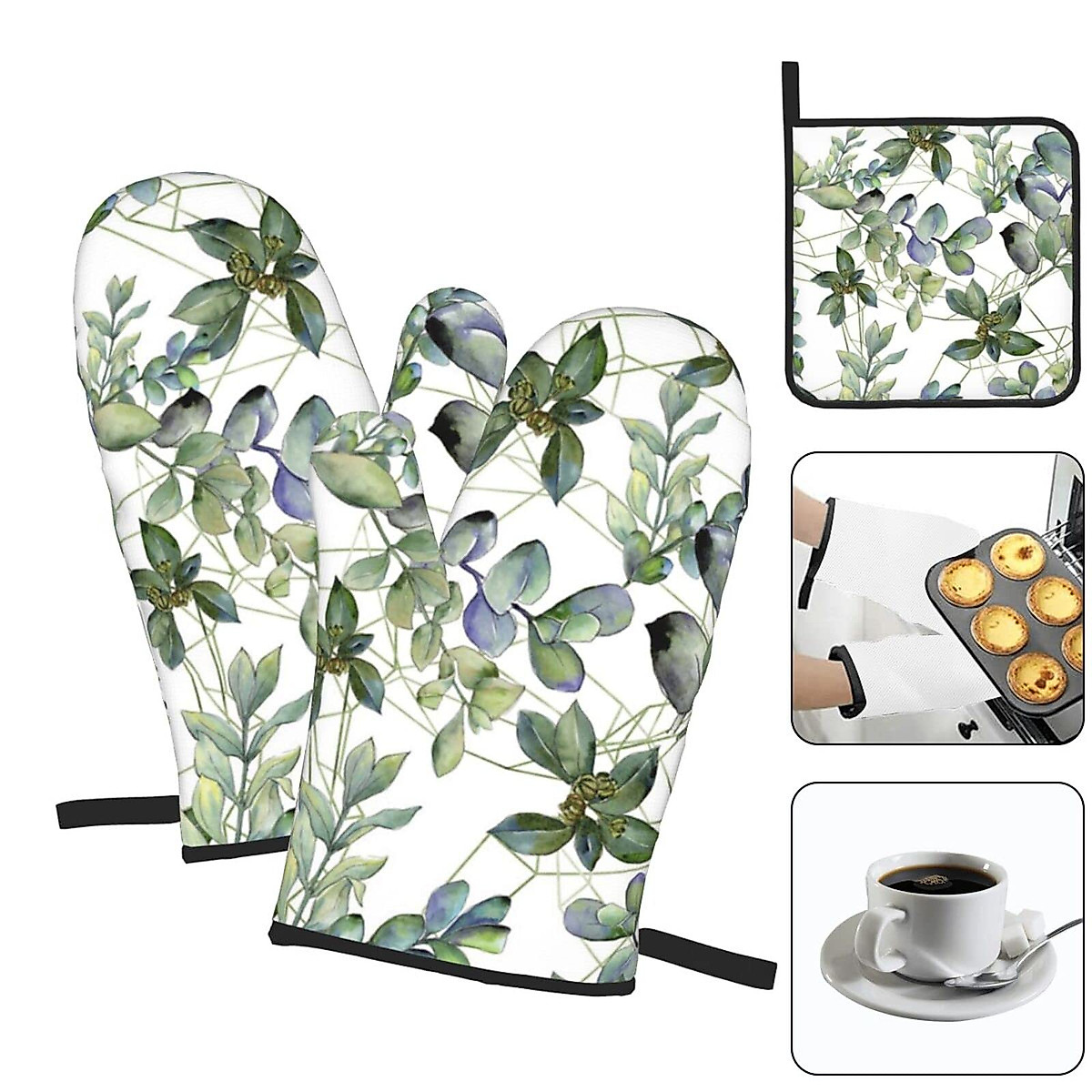 YILEQUAN Green Eucalyptus Leaves Print Oven Mitts and Pot Holders Sets,Kitchen Oven Glove High Heat Resistant 500 Degree Oven Mitts and Potholder,Surface Safe Baking, Cooking, BBQ,Pack 3 One Size