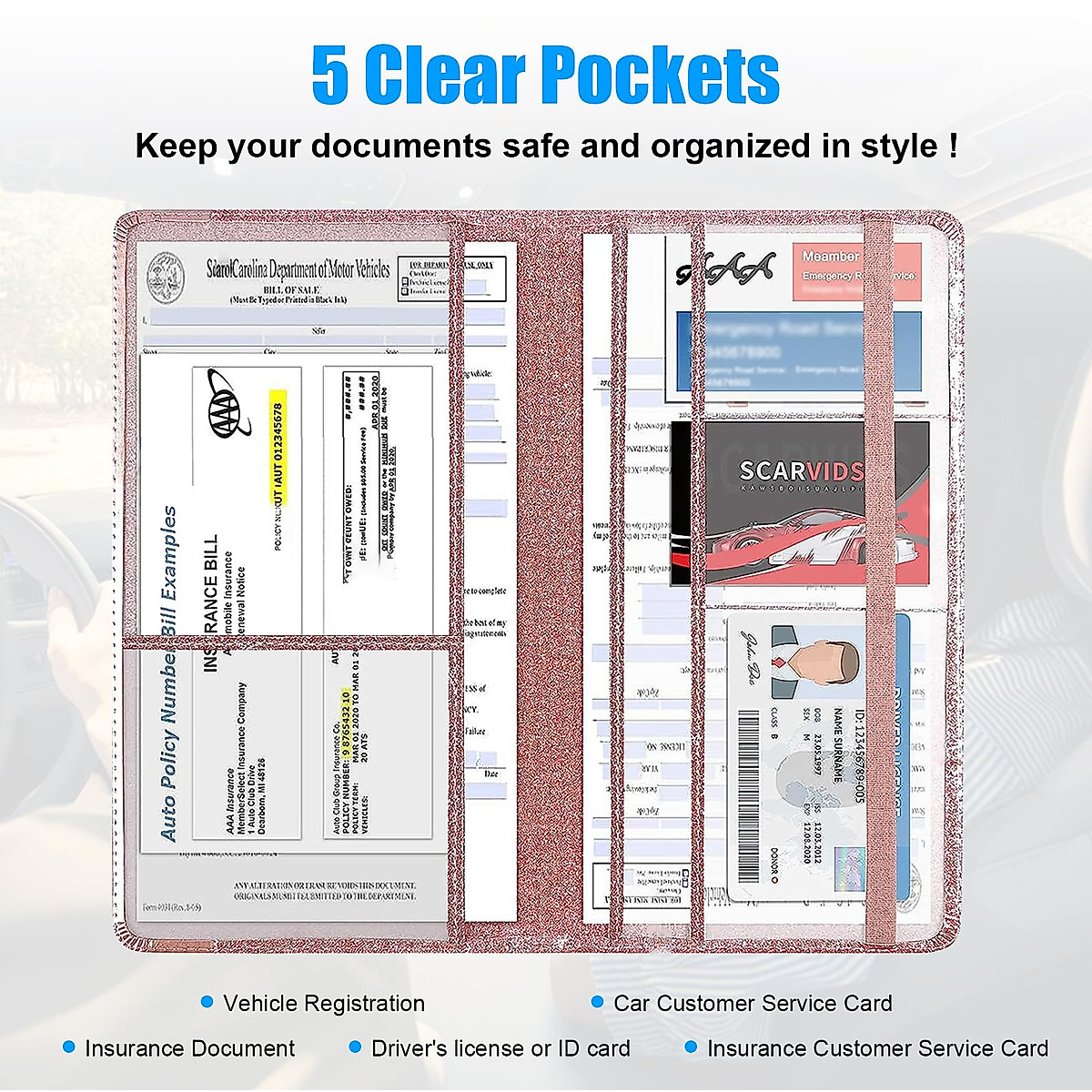 Kewucn Car Registration and Insurance Holder, Leather Vehicle License Document Glove Box Compartment Organizer, Key Information Cards, Driver License (Rose Gold)