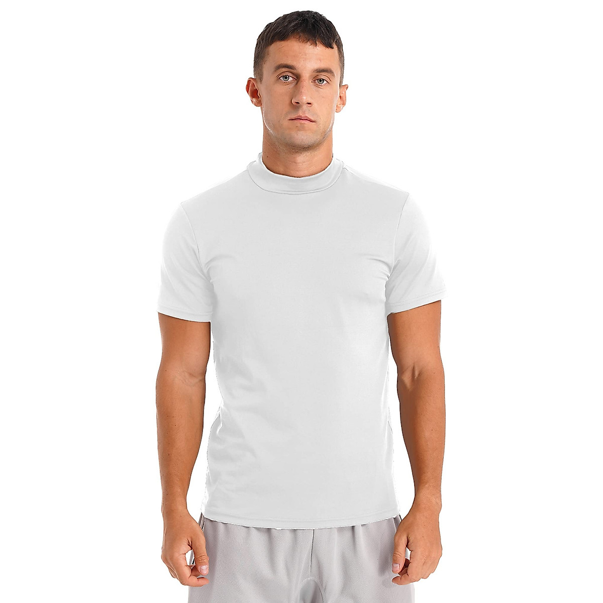 Freebily Mens Basic Turtleneck Short Sleeve T-Shirts Slim Fit Undershirt Solid Knitwear Sweaters White A XX-Large