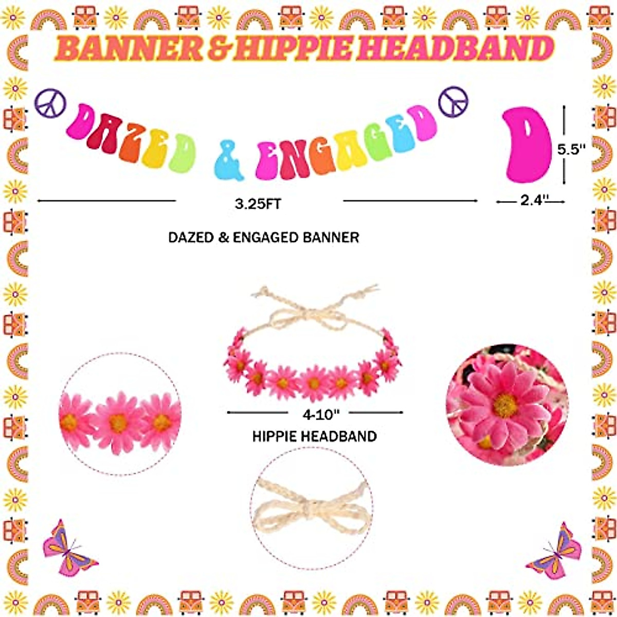 Dazed and Engaged Bachelorette Decorations, Fiesec Hippie Groovy Retro Bachelorette Decorations Tie Dye Fringe Curtain 4D Disco Sparkle Daisy Ring Foil Balloon Flower Headband
