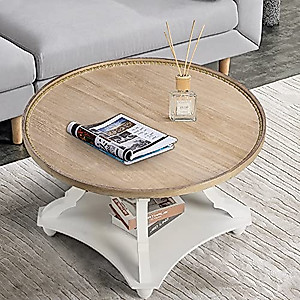 Wnutrees Farmhouse Round Coffee Table,Wood Tray Top Circle Coffee Table with Storage Shelf Rustic Style for Living Room and Vintage Finish,White