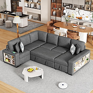 Merax 109" Large Sectional Sleeper Sofa with Pull Out Bed, Storage Chaise/Shelf & USB Ports, Dark Gray Oversized 5 Seat U-Shaped Couch Set, Convertible Sofabed for Living Room and Apartment, Grey