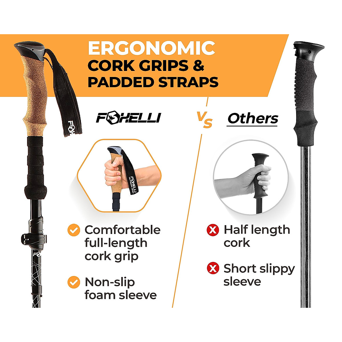 Foxelli Folding Trekking Poles – 2-pc Ultra Compact Hiking Poles for Men & Women, Lightweight Strong Aluminum 7075 Collapsible Foldable Walking Sticks with Flip Locks, 4 Season All Terrain Accessories