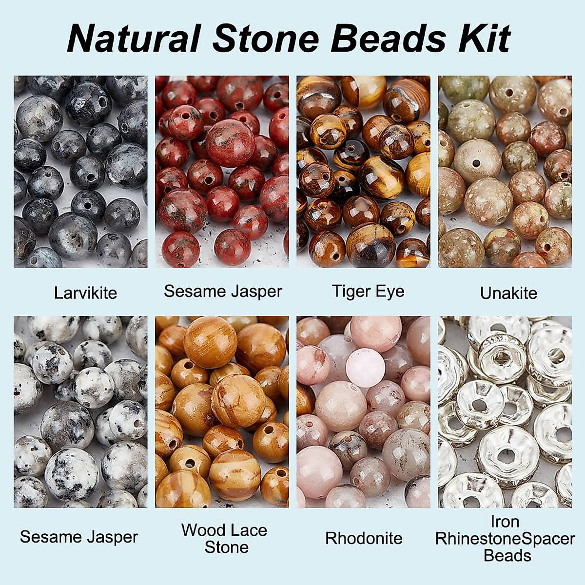 NBEADS About 460 Pcs Natural Stone Beads Kit, 6mm 8mm Natural Gemstone Beads Loose Round Stone Beads with Rhinestone Spacer Beads for DIY Bracelet Necklaces Jewelry Making