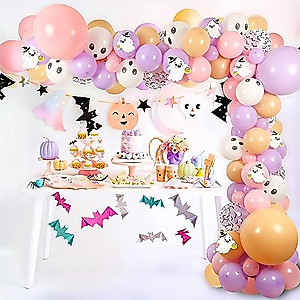 Halloween Balloon Arch Garland Kit, 129pcs 18" 10" 5" Pink Purple Balloons Decorations with BOO Fiol Balloon Ghost-pattern Cards for Halloween Baby Shower Decorations Halloween Day Party Supplies