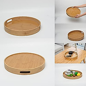 Bamboo Wood Round Tray w/Handles, Tea & Coffee Table Decorative Serving Tray Food Storage Platters for Serving Beverages & Food on Bar Living Room Home Dining Table (C - 35 cm/ 13.78 inch)