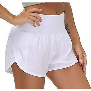 THE GYM PEOPLE Womens High Waisted Running Shorts Quick Dry Athletic Workout Shorts with Mesh Liner Zipper Pockets (White, Large)