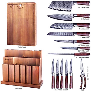 Knife Set With Block Created 20 pcs Block Knives Set HOABLORN Chef's Set: AK01, Extra Cutting Board in a Luxurious Knife Holder, Big Value and Elegant Kitchen Set for Wedding & Housewarming