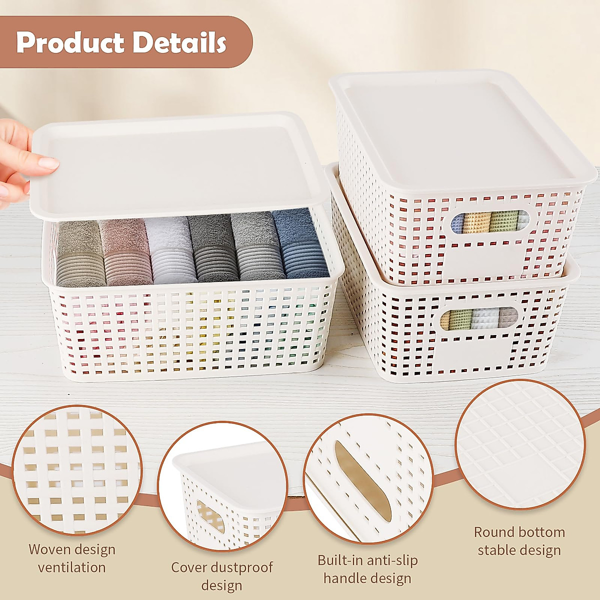 Plastic Storage Baskets With Lid Stackable Home Storage Bins for Organizing Shelves Drawers Desktop Closet, White, 6 packs