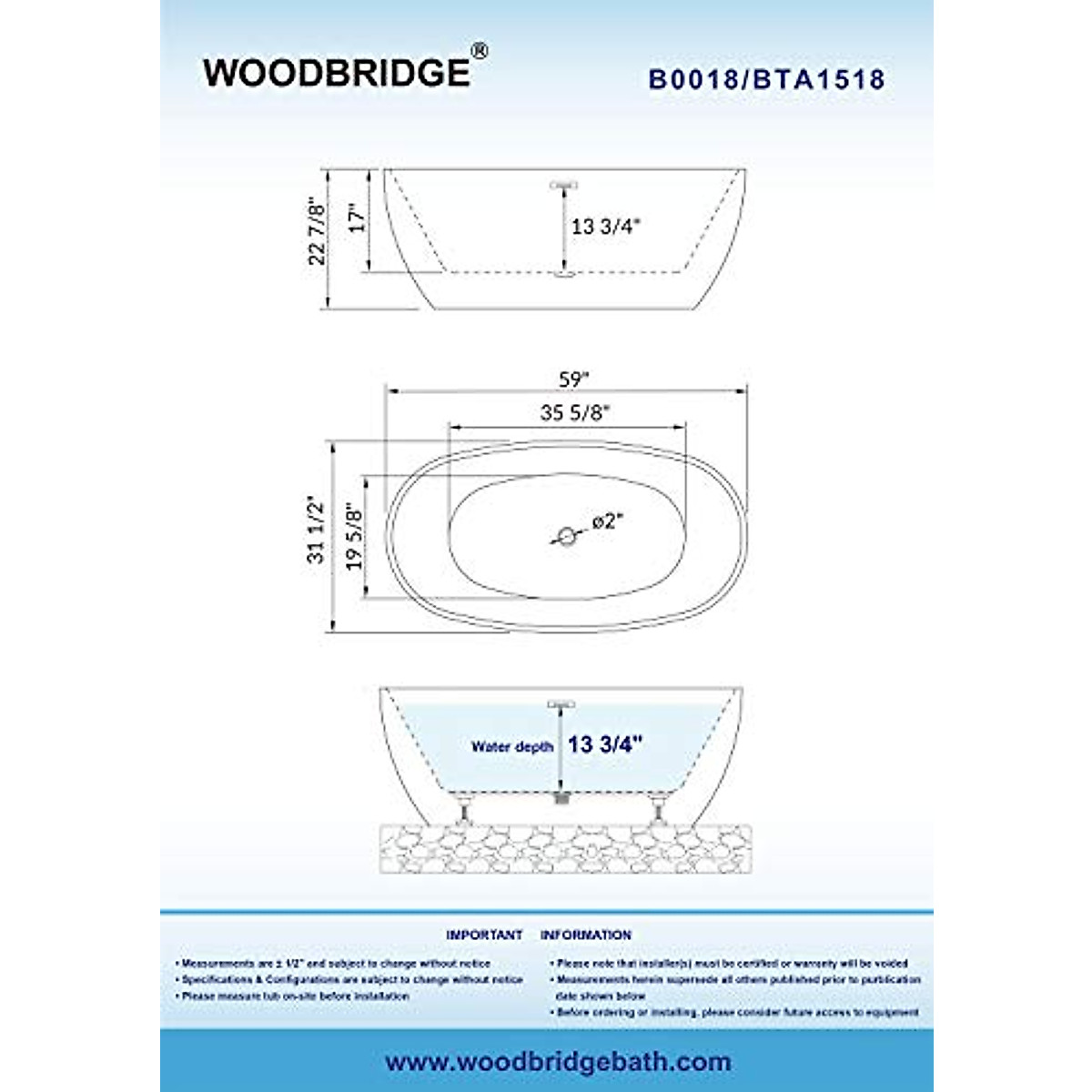 WOODBRIDGE 59"Freestanding White Acylic Soaking Bathtub with Matte Black Drain and Overflow,BTA1518 -MB-Drain &O